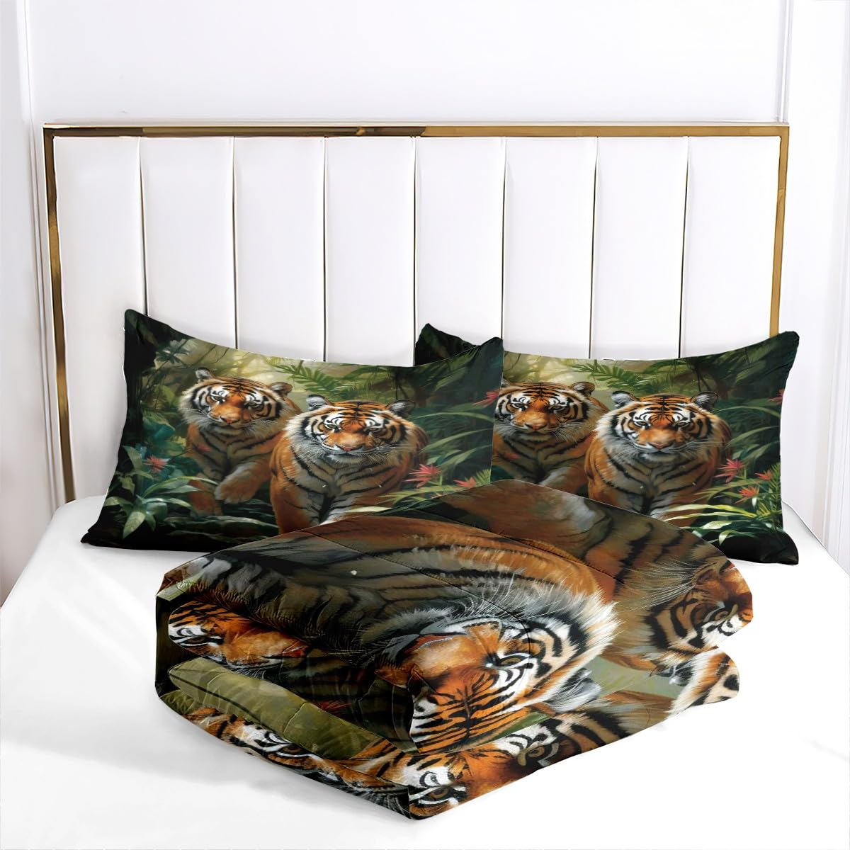 Ydtwnyq Tiger Bedding Set King, Dark Green Comforter Set, Tropical Plants Wildlife Animal Tiger Comforter Set Quilt Cover with 2 Pillowcases for Kids Teens Adults