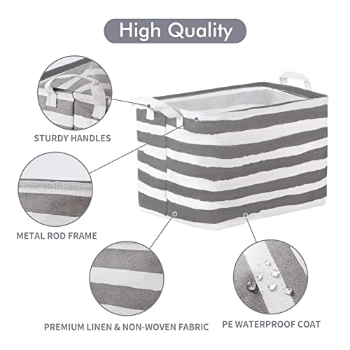 Consmos Rectangle Storage Baskets for Organizing Shelves Set of 3, Collapsible Canvas Storage Bins Nursery Hamper Toy Storage Organizer with Handles for Toys Books Clothes, Gray& White Stripe