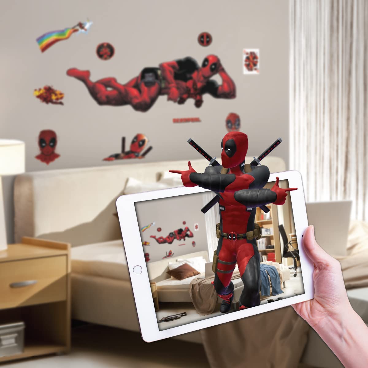 Wall Palz Marvel Deadpool Wall Decal - Deadpool Wall Stickers with 3D Augmented Reality Interaction - Deadpool Sticker for Walls 12" x 34" Marvel Room Decor