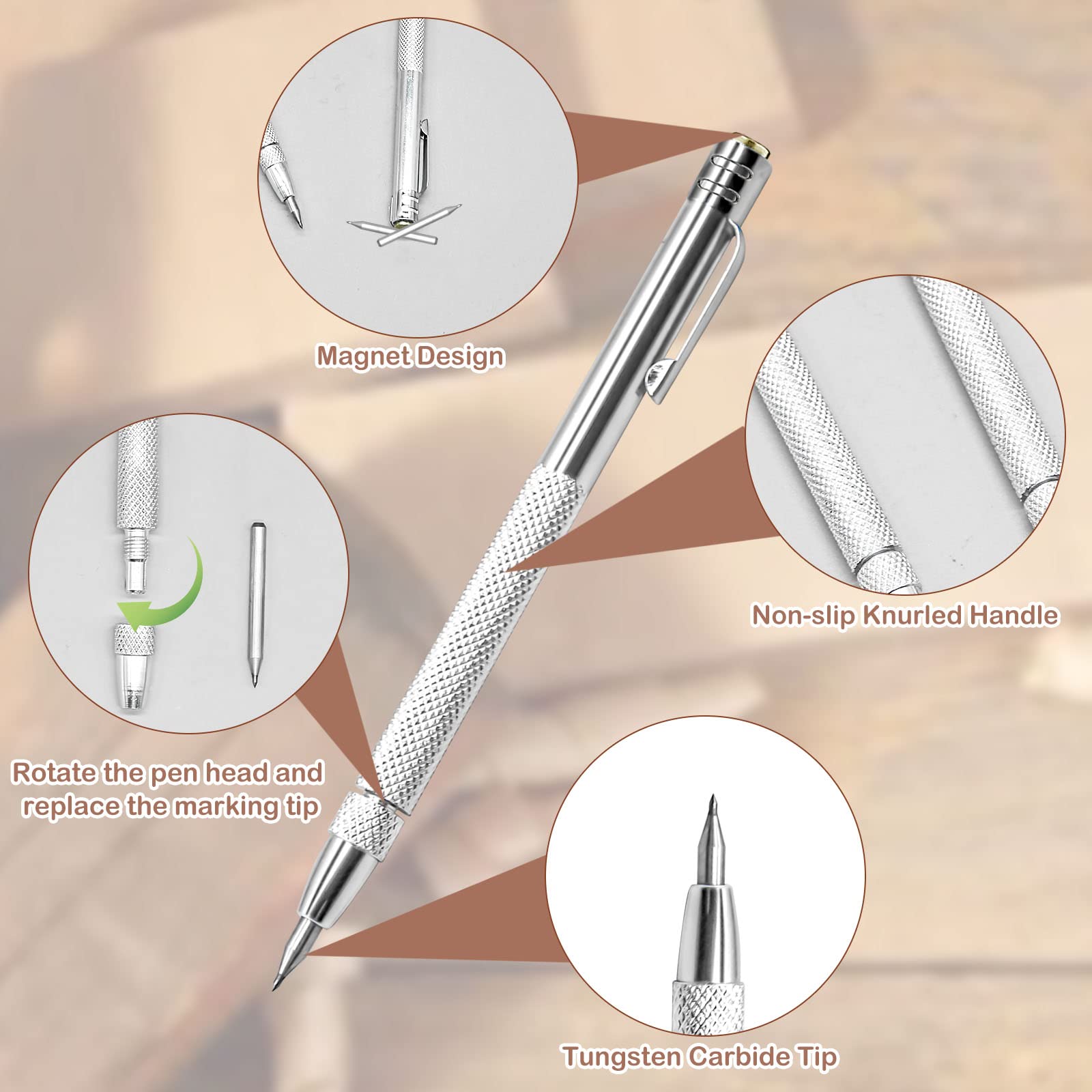 2Pcs Tungsten Carbide Tip Scriber With 12 Replacement Marking Tip, Aluminium Magnet Carbide Scribe Tool Etching Pen With Clip, Metal Engraving Pen for Glass / Ceramics / Hardened Steel / Metal Sheet