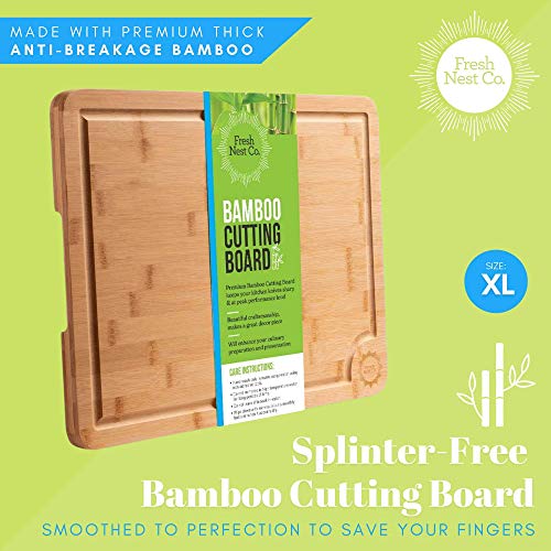 Extra Large Bamboo Kitchen Cutting Board by Fresh Nest Co. | XL 16 x 12 Wood Cutting Board with Handle | Thick Wooden Cutting Board with Juice Groove made with Organic Sustainable and Durable Bamboo