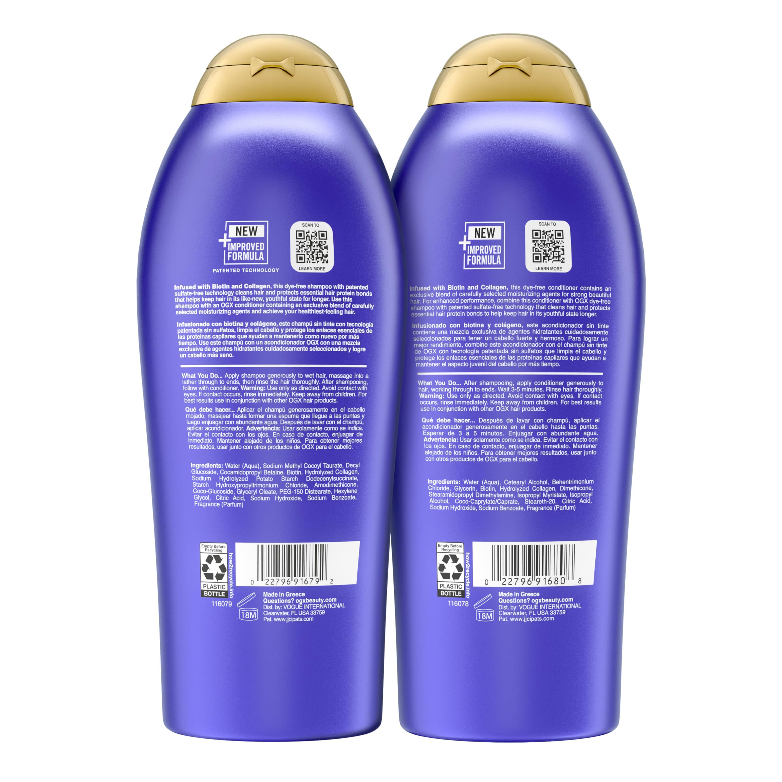 OGX Thick & Full + Biotin & Collagen Extra Strength Volumizing Shampoo + Conditioner with Vitamin B7 & Hydrolyzed Wheat Protein for Fine Hair, 25.4 oz Pack of 2