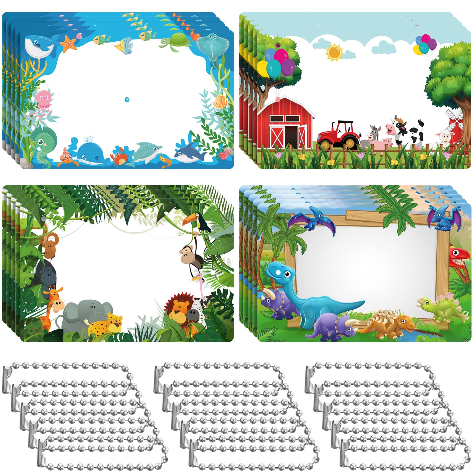 36 Set Kids Tags Personalized Waterproof Name Tag Reusable Backpack Tags Plastic Writable Child Id Bag Tags with Chain Attachments Name Labels for School Luggage Lunch Box Ocean Dinosaurs Jungle