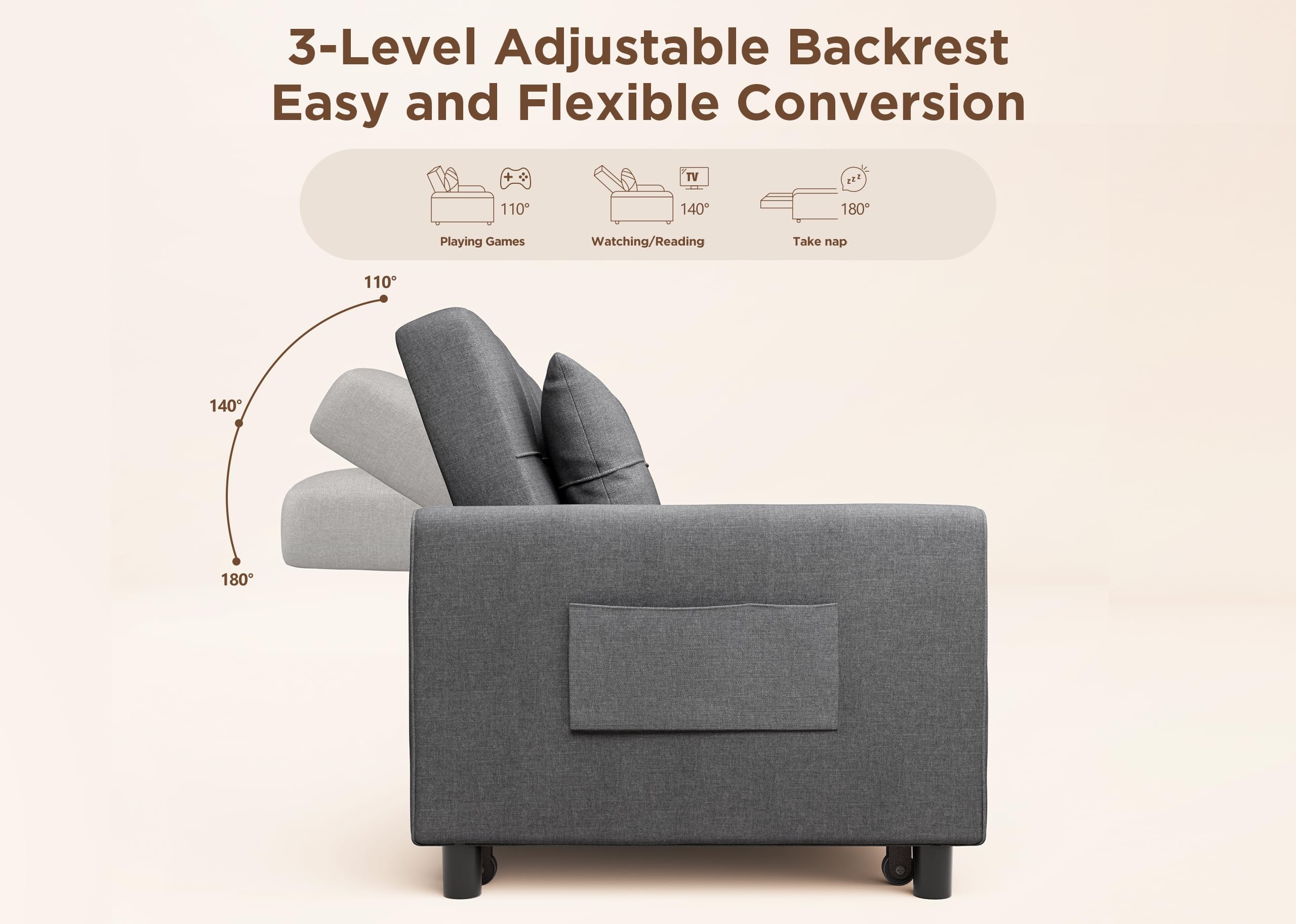 Aiho Pull Out Couch - 4-Seater Sectional Sleeper Sofa, Convertible with Adjustable Backrest & Spring Support for Living Room, Dark Grey