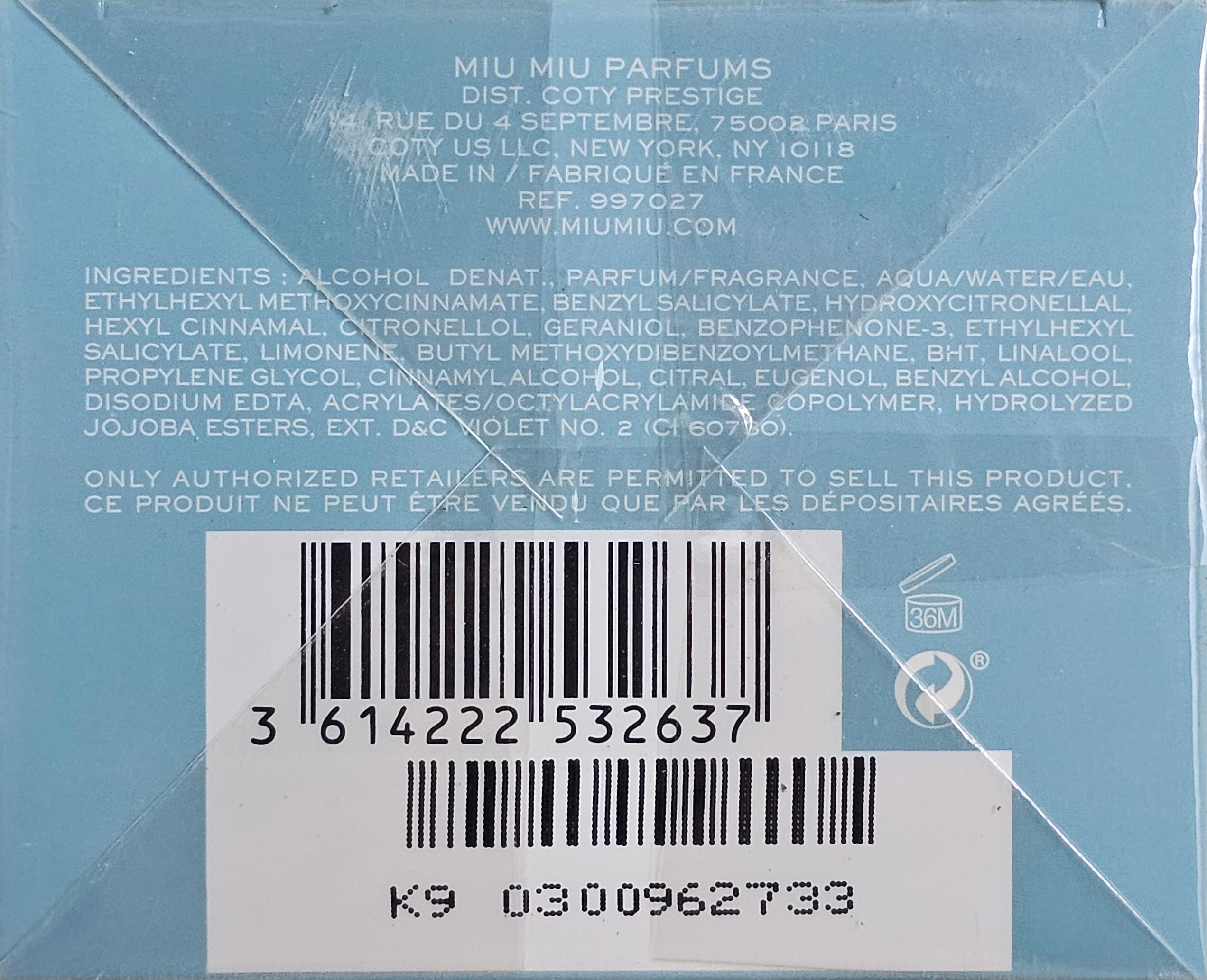 Miu Miu L'Eau Bleue Eau De Parfum Spray For Women 3.4 OZ.