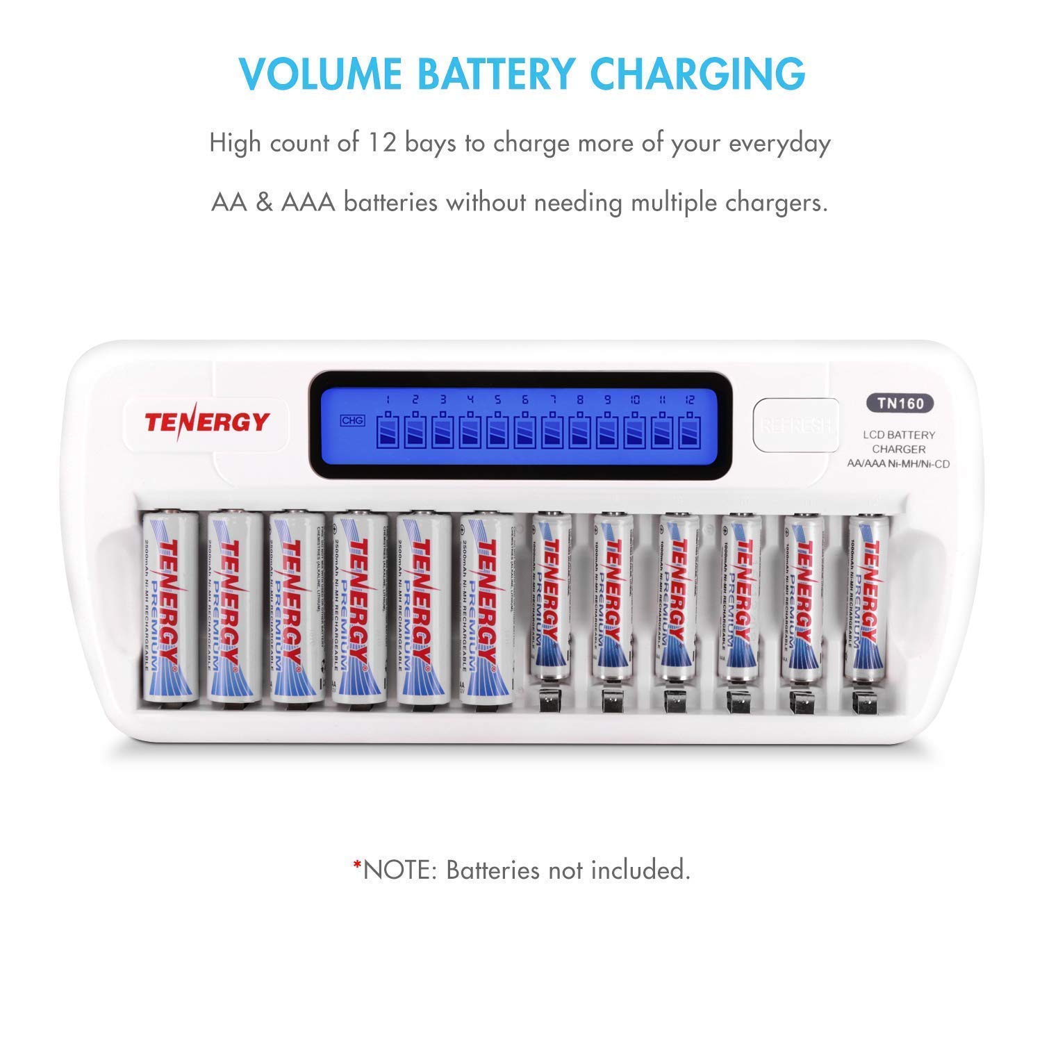 Tenergy 12 Pack Premium AA NiMH Rechargeable Batteries with Charger, 1.2V AA Batteries Ideal for Everyday Electronics and high Power Devices