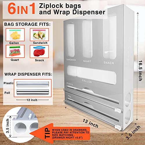 Acrylic Ziplock Bag Storage Organizer For Kitchen Organization Compatible with Gallon, Quart, Sandwich & Snack Variety Bags with Plastic Wrap, Aluminum Foil Dispenser & Cutters with Labels 6 IN 1