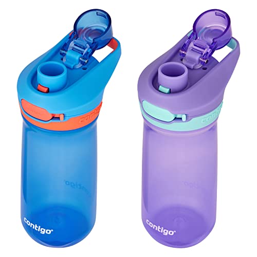Contigo Jessie Kids Water Bottle with Leak-Proof Lid, 14oz Dishwasher-Safe Kids Water Bottle, Fits Most Cup Holders, 2-Pack Blue Poppy/Coral & Amethyst/Jade
