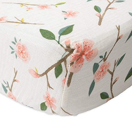 Red Rover Kids All-Cotton Muslin Fitted Crib Sheet- 52”x 28”x 9”- 100% Cotton – Machine Washable – Lightweight & Breathable – Playful Designs – Nursery, Crib, Bed – Unisex (Peach Blossom)