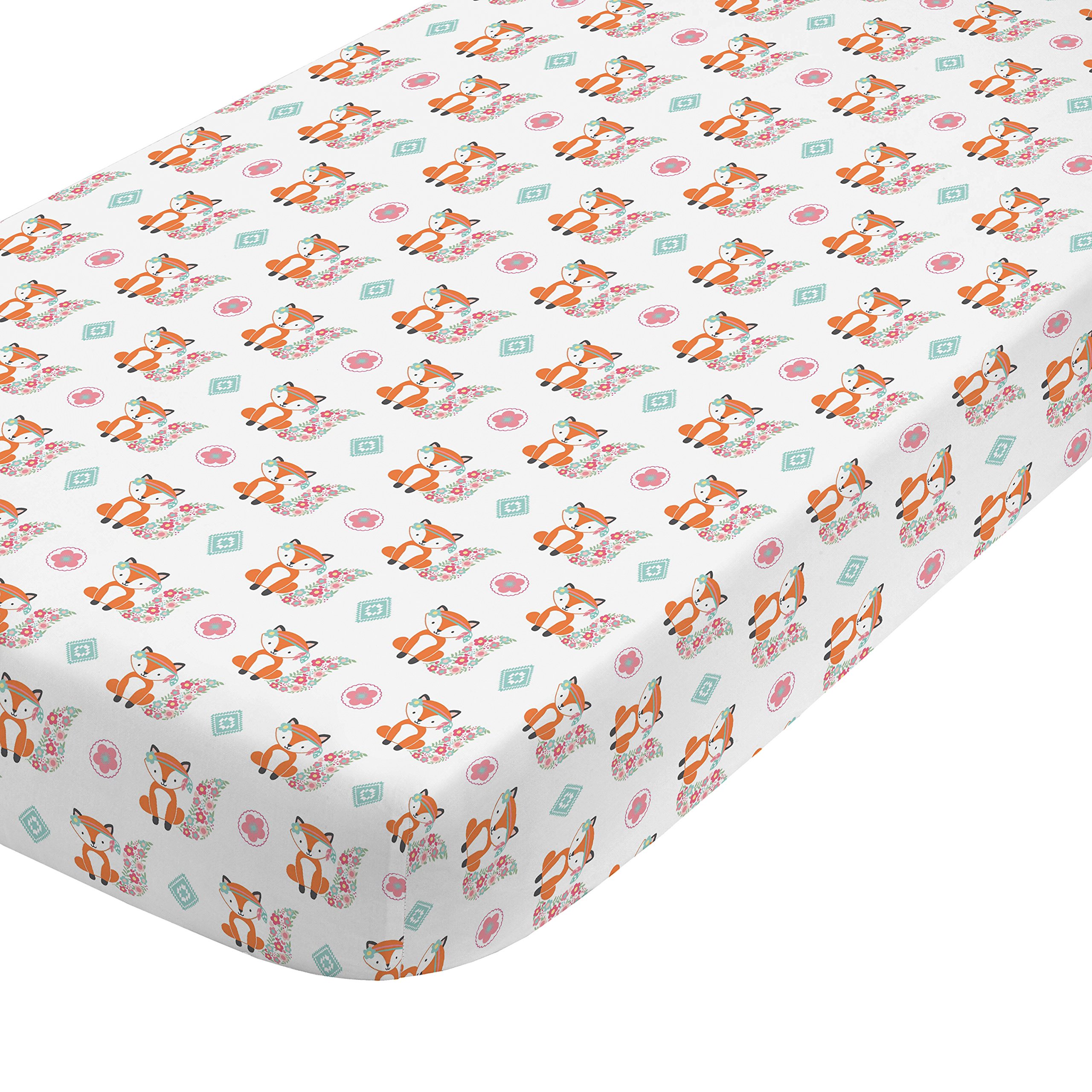 NoJo Aztec Mix & Match 100% Cotton Teal Floral Fox Fitted Crib Sheet, Pink, Orange, Aqua, White