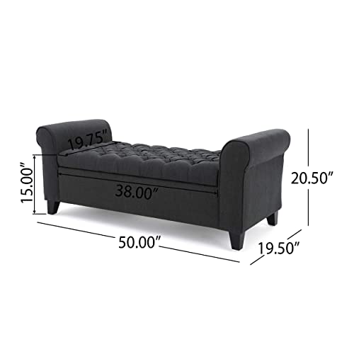 Christopher Knight Home Keiko Fabric Armed Storage Bench, Dark Grey, 19.50”D x 50.00”W x 19.25”H