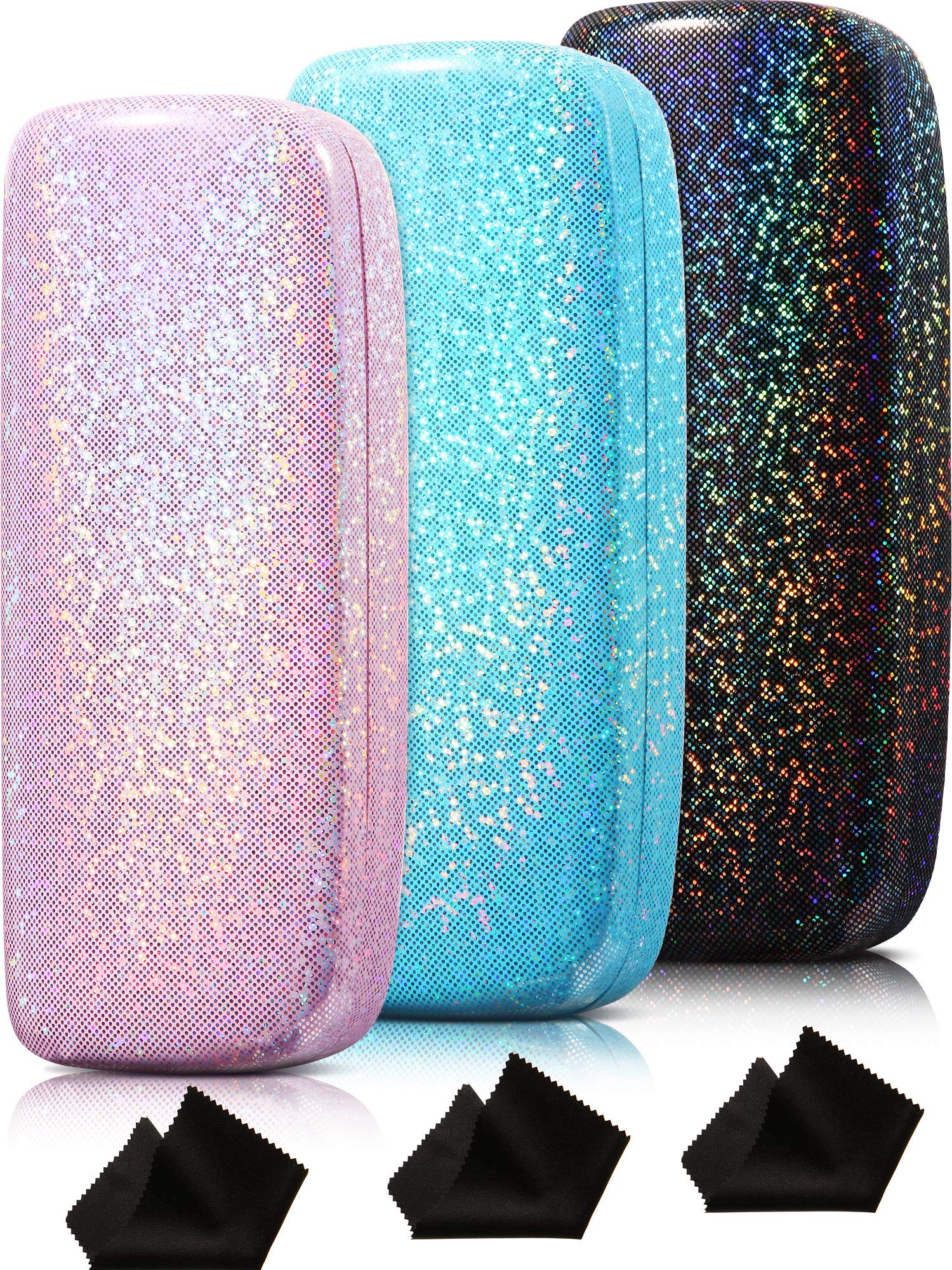 3 Pieces Hard Shell Sunglasses Case Dazzling Glitter Glasses Case Smooth Sunglasses Case with Eyeglass Cloth