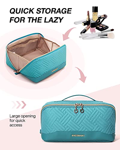 BAGSMART Makeup Bag Cosmetic Bag, Travel Makeup Bag,Water-resistent Makeup Bags for Women Portable Pouch Open Flat Make Up Organizer Bag for Toiletries, Brushes, Teal