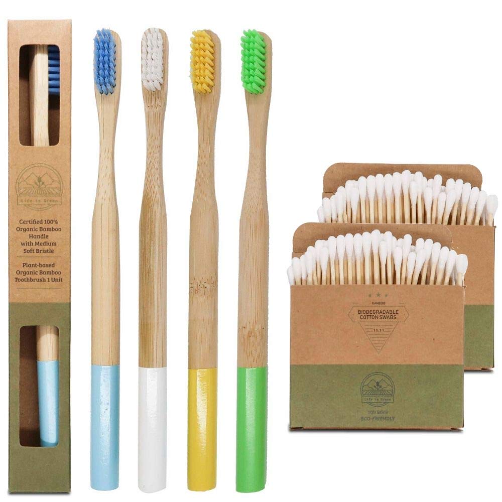 Eco Friendly and Biodegradable Bamboo Toothbrush Water Resistant | Plastic Free Round Handle | Antiseptic Medium Hard Bristles BPA-Free | Natural | Set of Toothbrushes | 200 Bamboo Cotton Swabs FREE