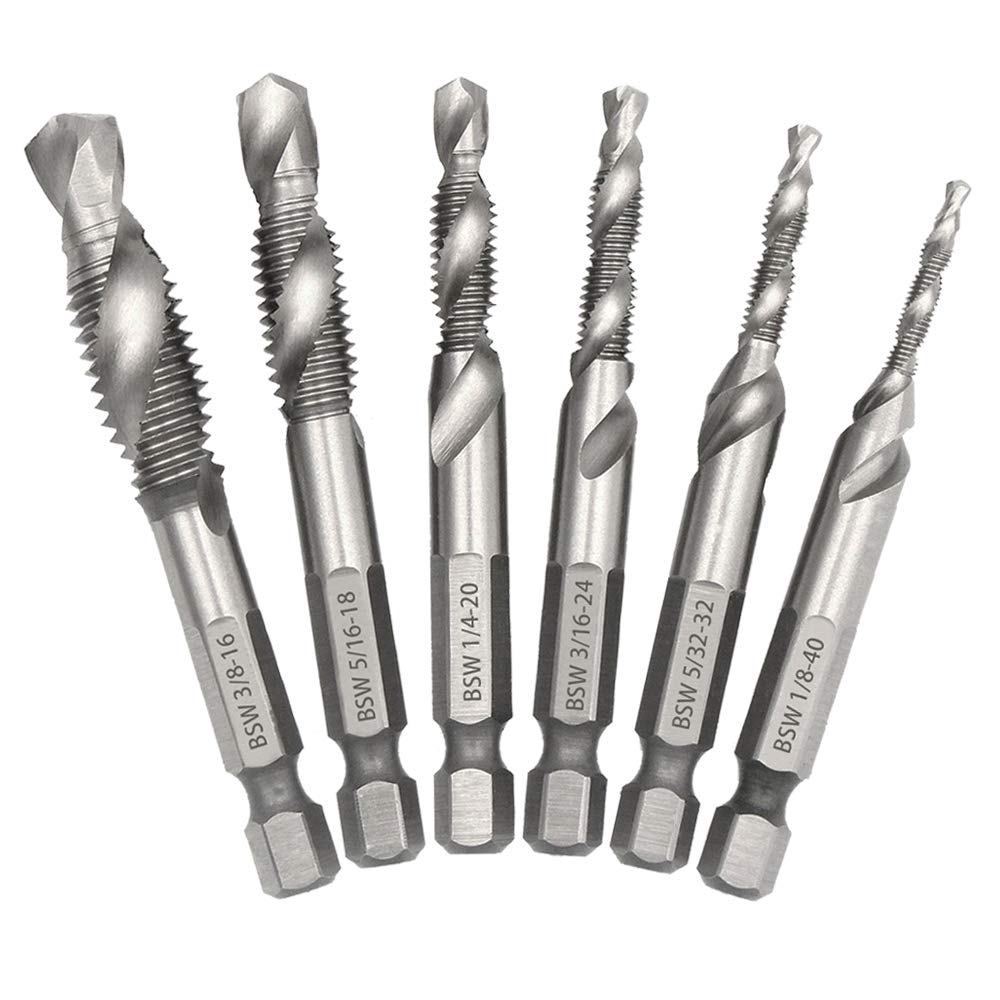 Saiper 6pcs Drill Tap Combination Bit Set (1/8''-3/8'') with 1/4" Hex Shank, HSS 4341 Drill Tap Countersink Screw Thread Bits