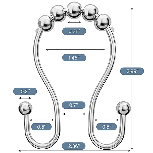 BBLHOME Shower Curtain Hooks, Shower Curtain Rings Rust Proof Metal Smooth Glide Double Shower Curtain Hooks for Bathroom Shower Curtains Rod, Kitchen Utensils,Towels, Set of 12,Chrome