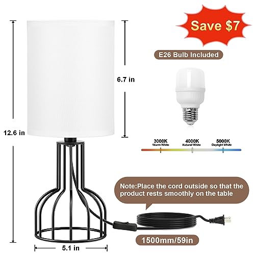 Bedside Table Lamp for Bedroom - Small Lamp with 3 Color Modes-3000K-4000K-5000K Nightstand Lamp with Simple Black Metal Base and White Fabric Shade for Kids, Living Room,Bedroom (LED Bulb Included)