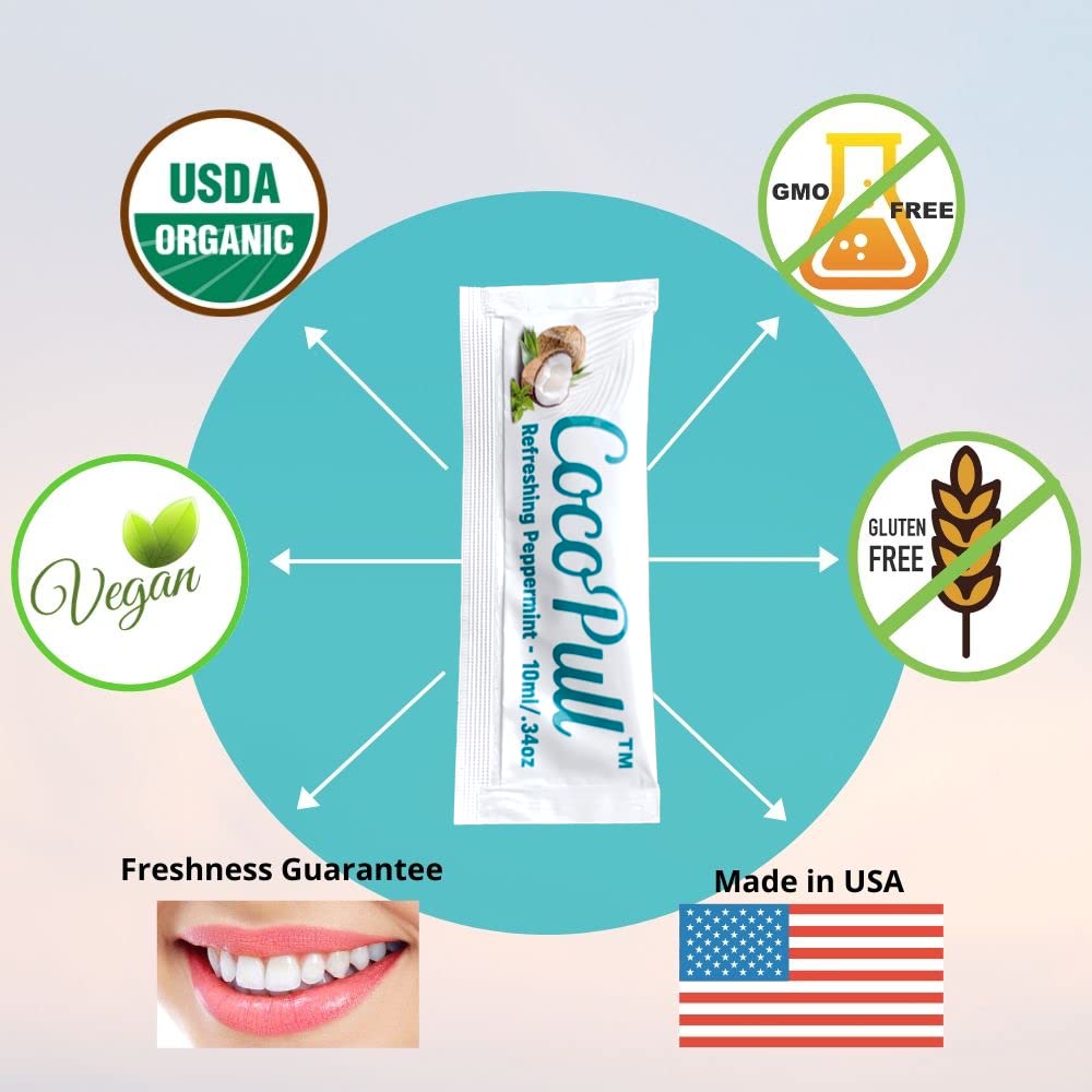 CocoPull - Organic Oil Pulling 14 Packets/Sachets with Coconut and Peppermint Oil for Healthy Teeth, Gums, Bad Breath Remedy. Natural Teeth Whitening.