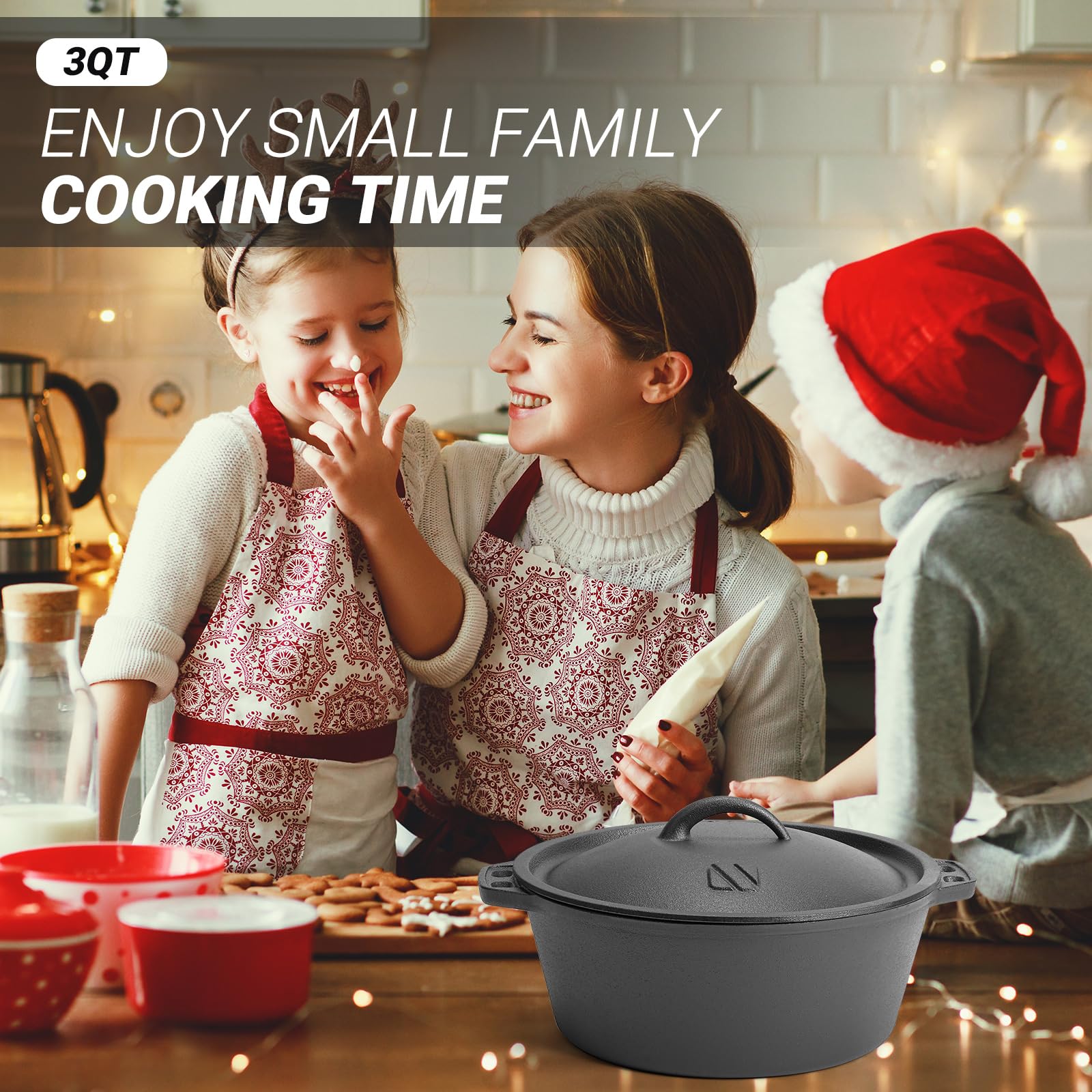 Pre-Seasoned Cast Iron Dutch Oven Pot with Lid, for Braising, Broiling, Frying, Sourdough Bread Baking, Camping Cookware, BBQ,3 Quart Pan