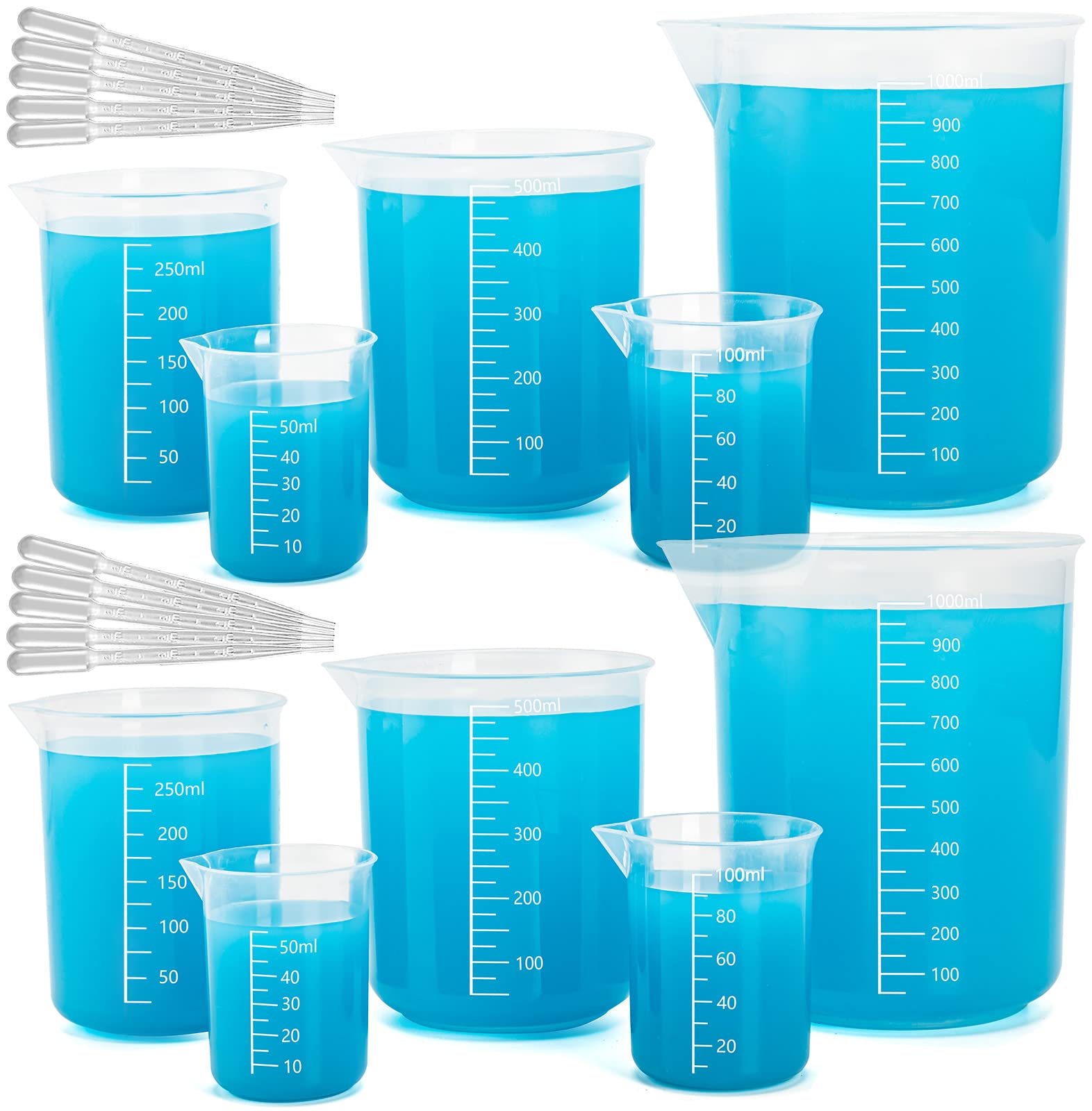 Plastic Beakers Set, 20 Pcs Plastic Measuring Beakers and Droppers, 10 Pcs Clear Measuring Graduated Liquid Container Beakers in 50/100/250/500/1000ml with 10 Pcs Thickened Plastic Droppers in 3ml