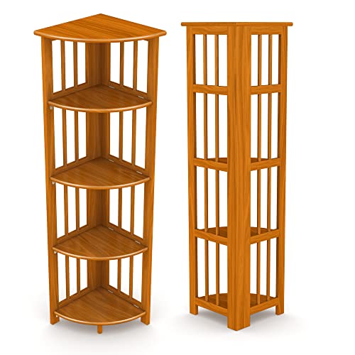 Stony Edge Folding Corner Shelf Easy Assembly - 51βx12.5βx12.5β 5 Tiers - Perfect Wooden Corner Bookshelf Organizer for Books and Decorative Items. (Honey Oak)