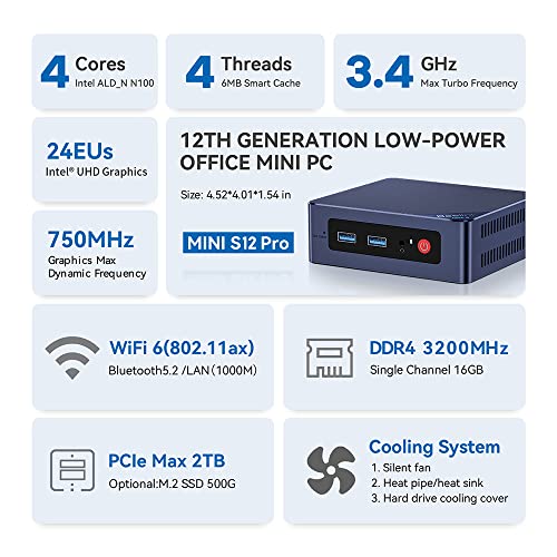 Beelink Mini S12 Pro Mini Pc Computers,16GB DDR4 500GB SSD with Inter 12th Generation Processors N100 4 Cores 3.4Ghz, 4K@60Hz Dual HDMI Output Wi-Fi6/BT 5.2.Support 2.5" HDD/SSD