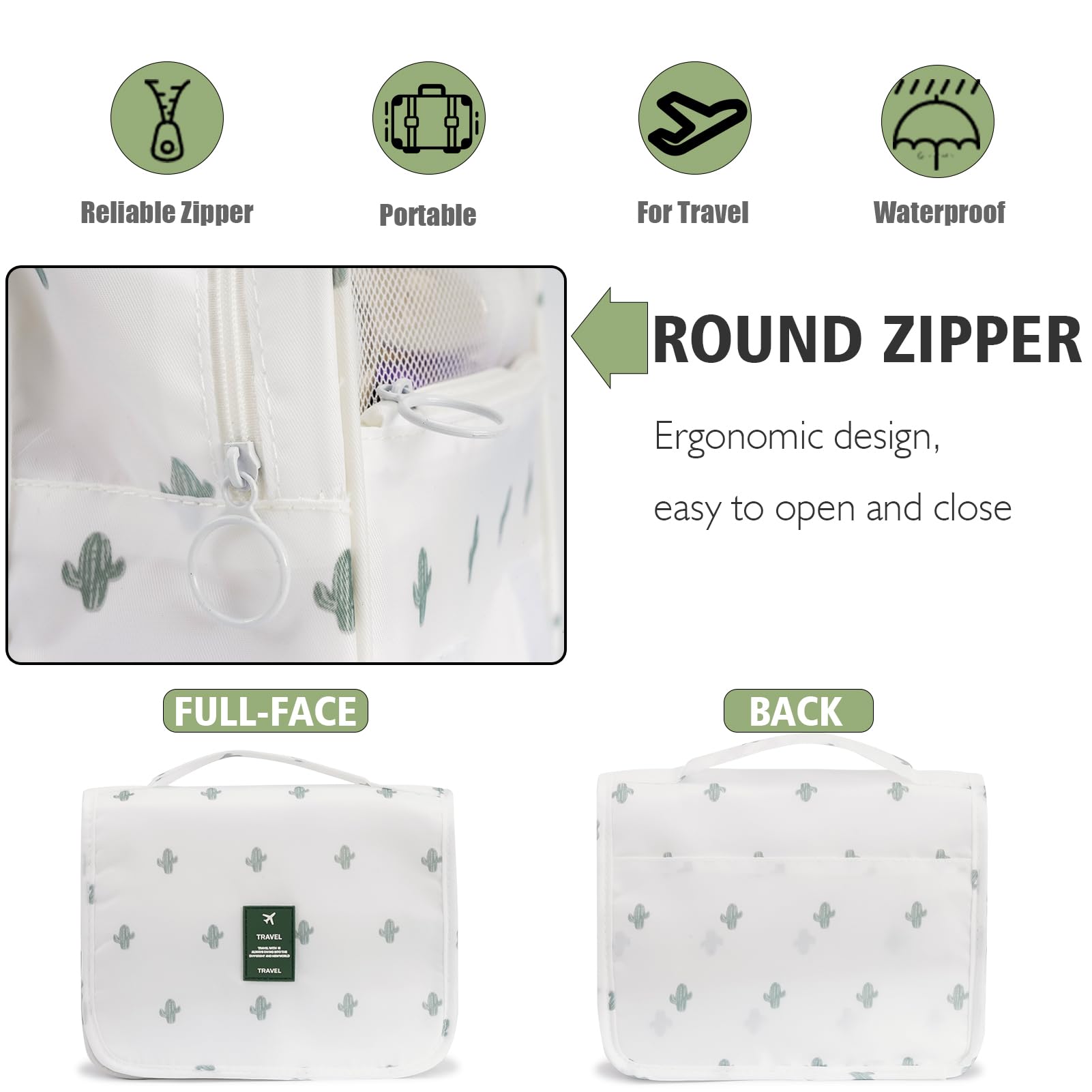 L&FY Toiletry Bag-Portable Haning Toiletry Bag For Women-Travel Makeup Organizer Cosmetic Bag with Compartment,Stury Hook (White Cactus/Travel Bag)