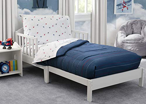 Delta Children 4 Piece Toddler Bedding Set for Boys - Reversible 2-in-1 Comforter - Includes Fitted Comforter to Keep Little Ones Snug, Bottom Sheet, Top Sheet, Pillow Case - Airplane Flight Plan