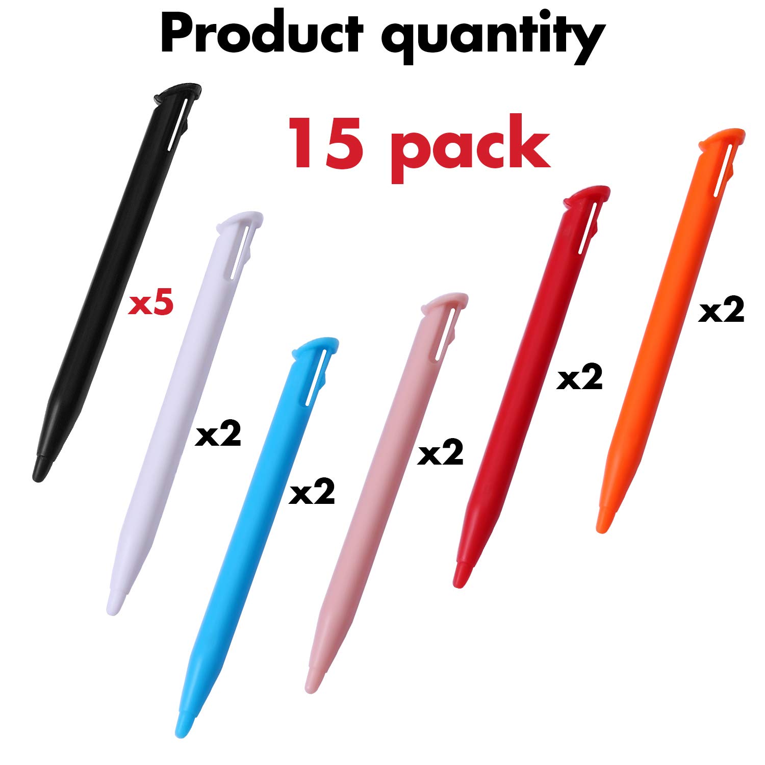 Yizerel Stylus Pen for New 2DS XL, 15 Pcs Colorful Plastic Replacement Touch Screen Stylus Set Compatible with New 2DS LL with HD Crystal Clear PET Films (Black White Pink Blue Red Orange)