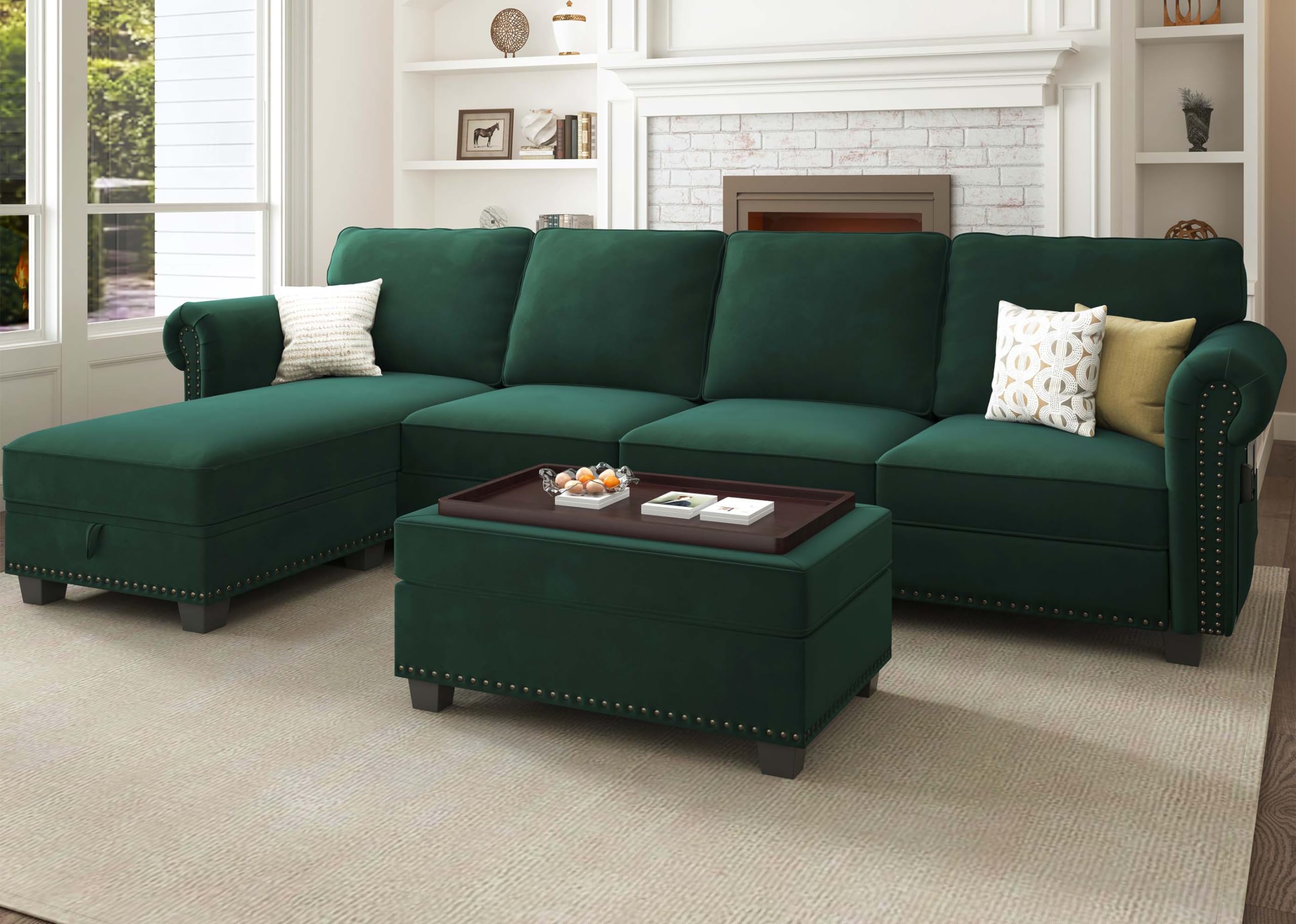 Nolany Velvet Sectional Sofa Set, L Shaped Sectional Couch with Storage Tray Ottoman Convertible 4 Seater Sofa Couch for Living Room, Dark Blue