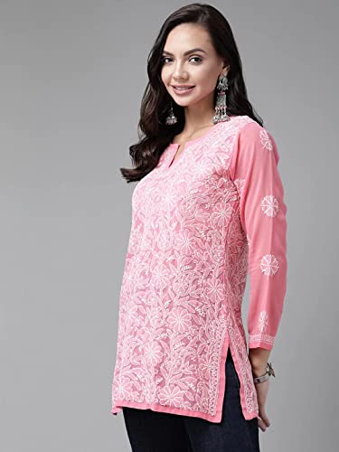 Ada Indian Hand Embroidered Chikankari Women's Pink Georgette Top Tunic Shirt Kurti A911225 (XX-Large)