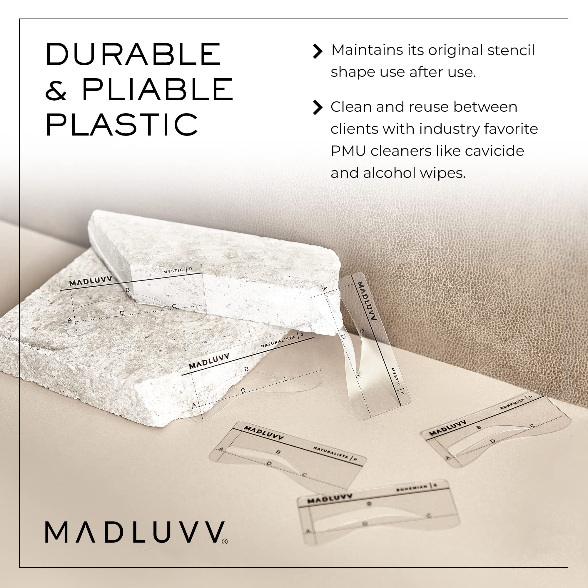 MADLUVV Eyebrow Shaper Stencils, Reusable Brow Mapping Template for PMU Professionals, Semi-Permanent Makeup Mapping, 6 Stencils (3 Stencil Shapes in Both Petite and Regular Sizes) - Low Profile Set