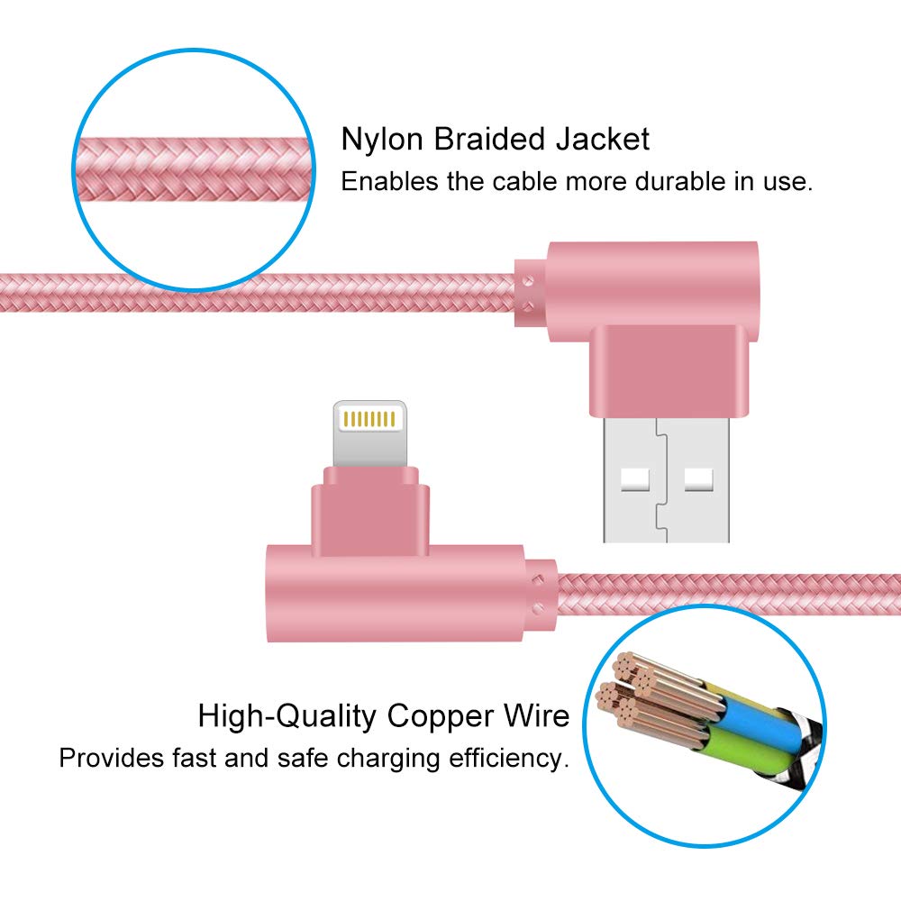 Quickeep Lightning Cable 10ft 90 Degree iPhone Charger 3 Pack Right Angle iPhone Charging Cable Nylon Braided Fast Charge Cord Compatible with iPhone 14/13/12/11/ XS/XR/X/8/7/6 (Rose Gold)