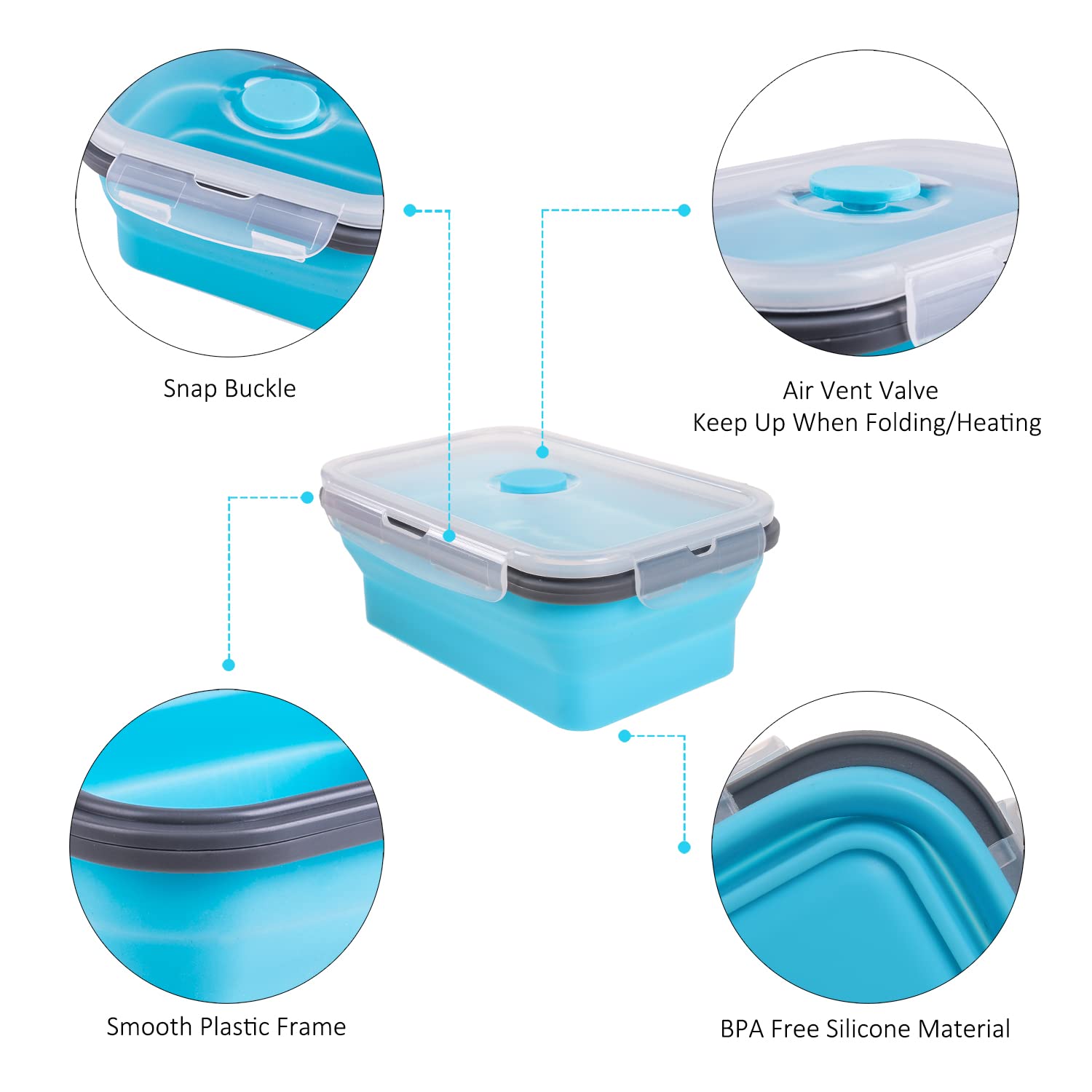 Annaklin Collapsible Food Storage Containers with Airtight Lid & Vent Valve, 27 oz, Kitchen Stacking Silicone Collapsible Meal Prep Container Set for Leftover, Microwave Freezer Safe, Blue, Set of 4