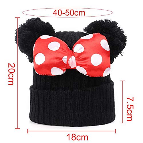 Toddler Girls Winter Beanie Hats with Pom Poms Warm Knit Baby Cap with Cute Mouse Ears Bowknot Black
