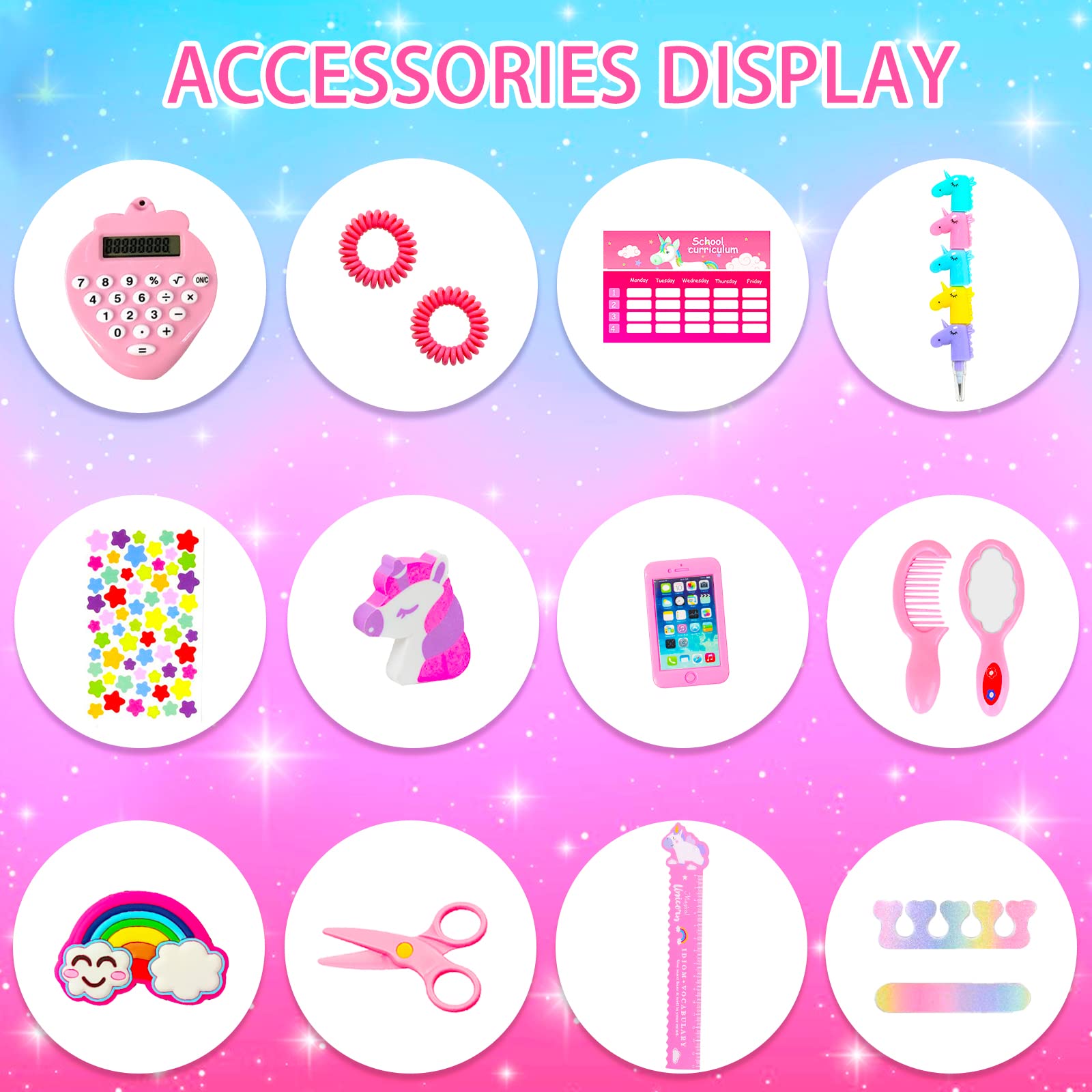 21pcs 18 Inch Doll Clothes and Accessories for Doll School Play Set Includes Suitcase, Clothes, Sticker, Class Schedule Card, Comb, Mirror, Eraser, Calculator, Nail File Buffer, Pencil, Ruler
