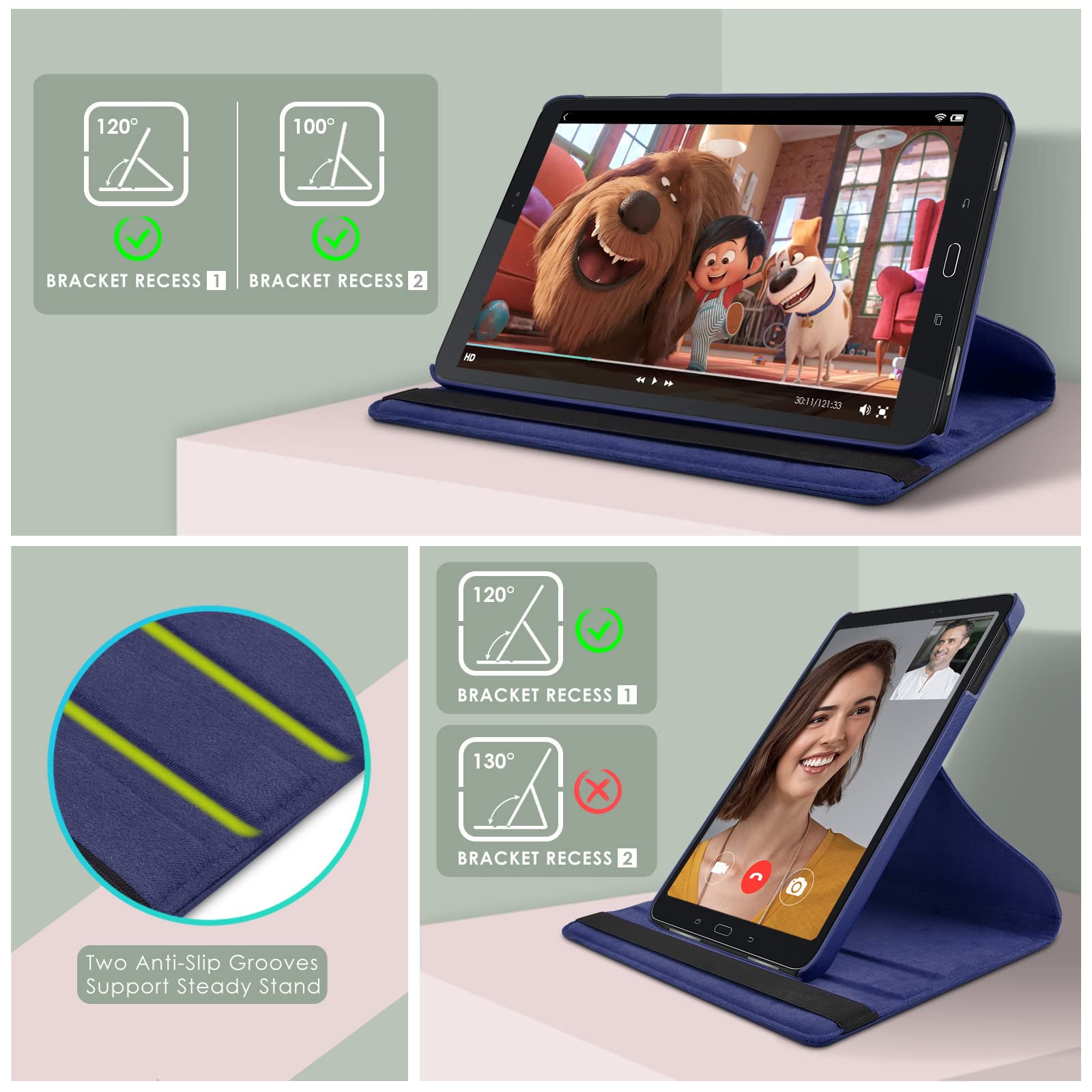 DETUOSI Rotating Case for Samsung Galaxy Tab A 10.1" 2016 (SM-T580), 【Auto Sleep/Wake】 360 Degree Swivel Multi-Angle Stand Folio Leather Book Cover + Protective Hard Back Shell + Elastic Band Closure