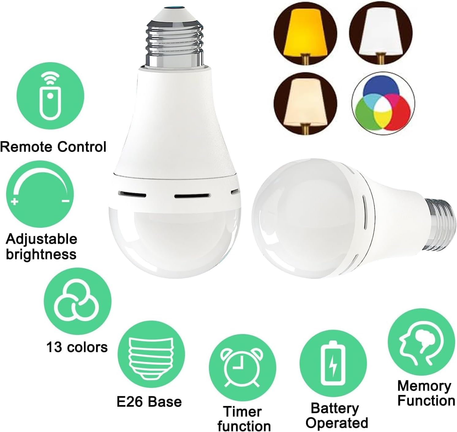 Rechargeable Battery Operated Light Bulb,400LM,60W Equivalent,E26 Detachable Charging Lamp Bulb,2500mA,16 Color Temperature,Remote Control Puck Emergency Lamp,Dimmer,for Non-Hardwired,1Pack