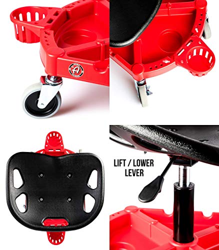 Adam's Polishes Pro Rolling Stool, Car Detailing Stool Chair, Shop Stool with Wheels, Garage Organizer & Tool Organizer Tray, Adjustable Height for Car Cleaning Buffer Polisher Ceramic Coating Car Wax