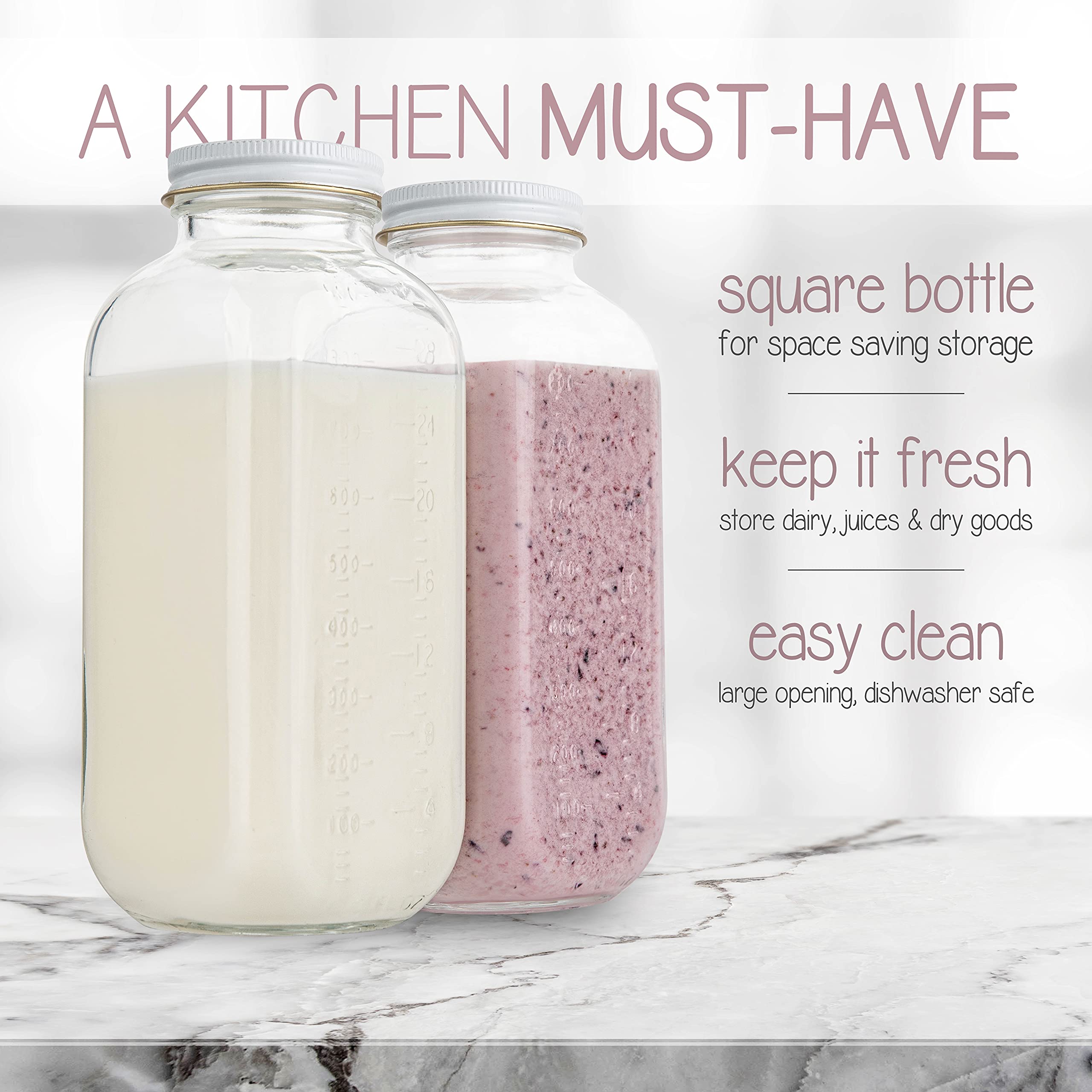 32oz Square Glass Milk Bottle with White Metal Airtight Lids - Vintage Reusable Milk Jugs - Dairy Drinking Containers for Milk, Yogurt, Smoothies, Kefir, Kombucha, and Water- by kitchentoolz