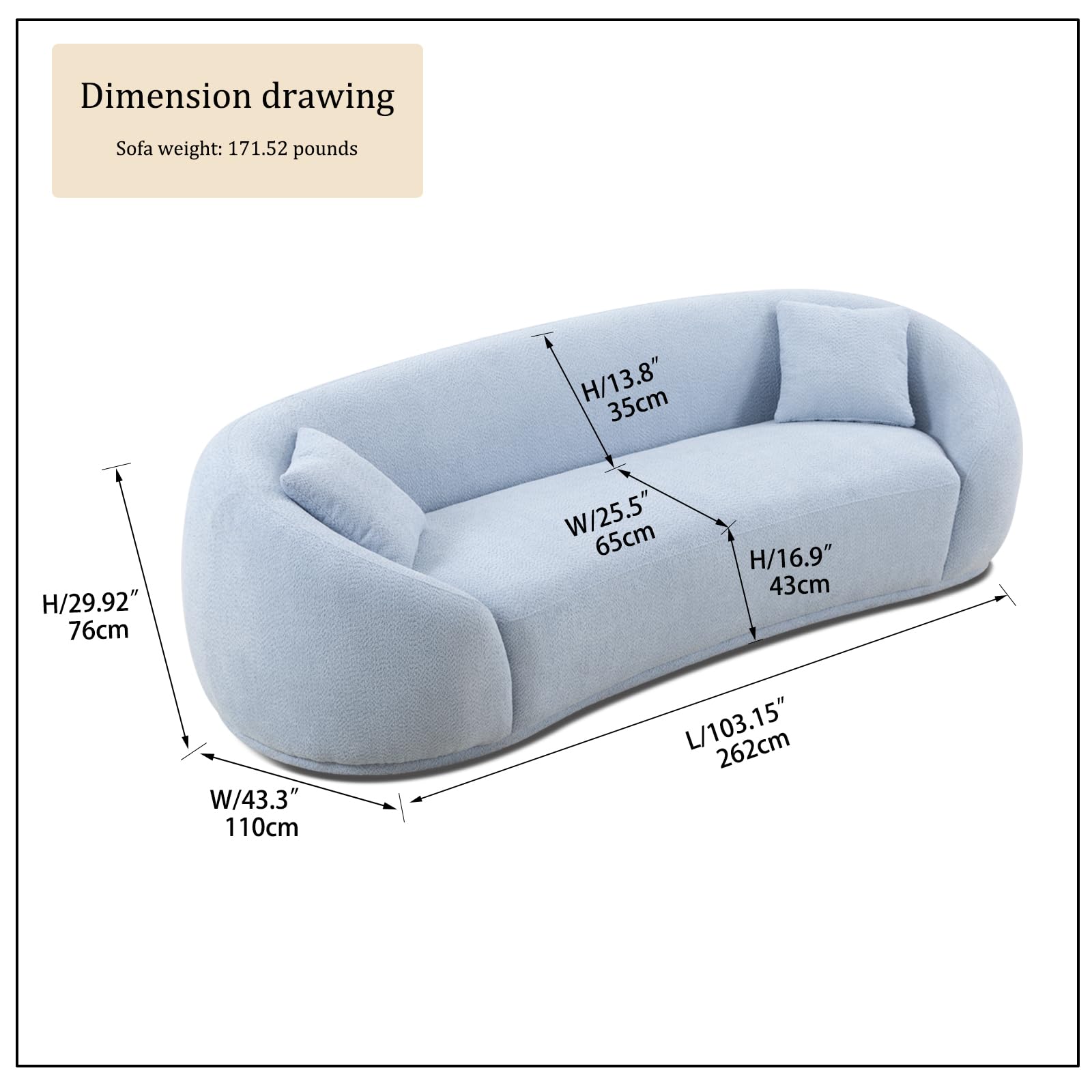 WAKEEPING 103" Modern Curved Sofa, Back Upholstered Boucle Couch with 2 Throw Pillows, 3-Seat Boucle Fabric Couch for Living Room, Office, Apartment (White, 103")