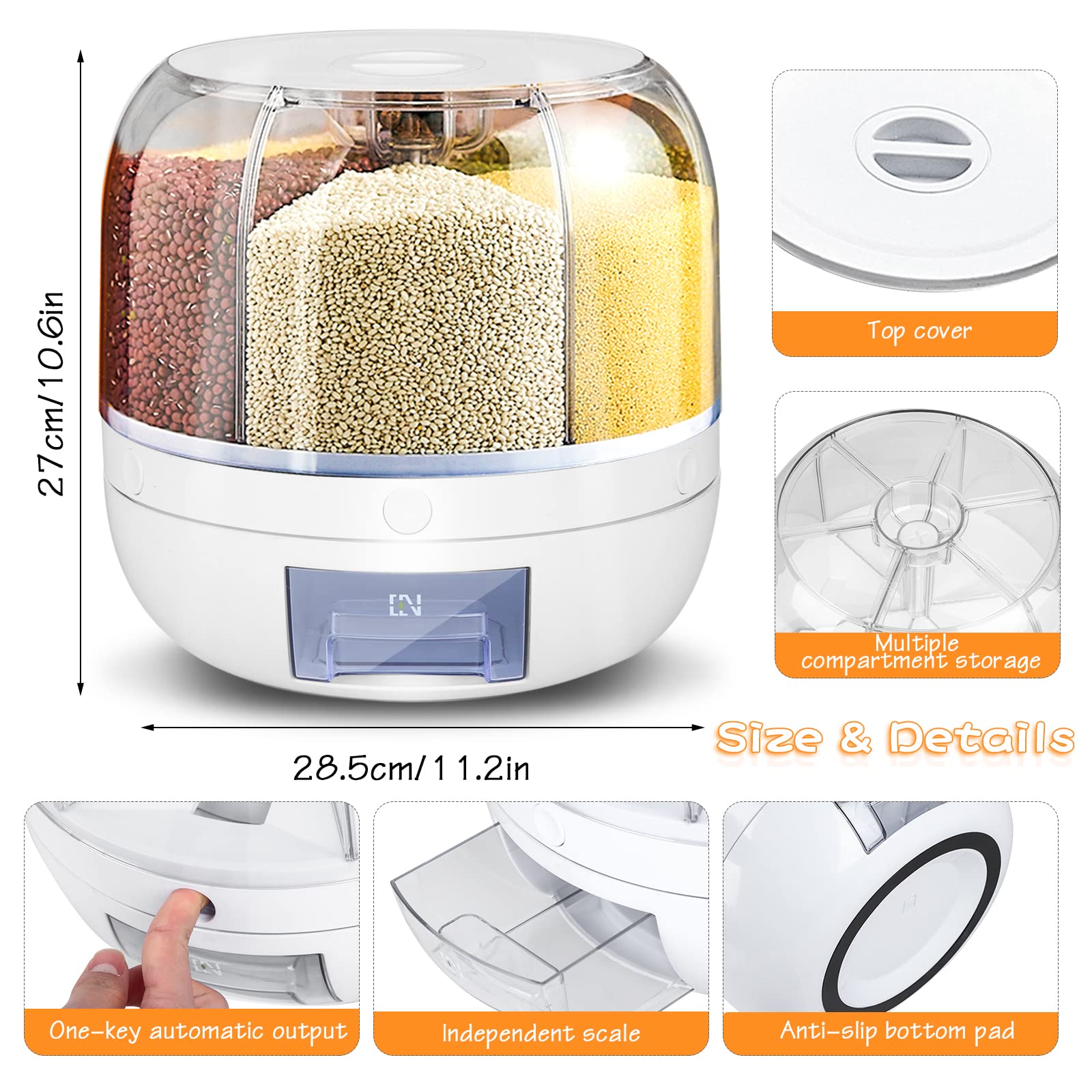 360° Rotating 6 Grid Food Dispenser,Rice Storage Container Waterproof and moisture-proof Dry Grain Food Storage Bucket for Home Kitchen