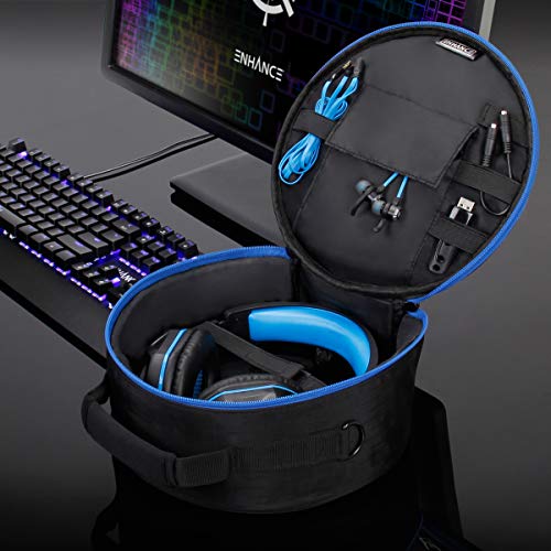 ENHANCE Portable Headphone Case for Wired & Wireless Headsets - Universal Headset Case Compatible with Playstation, Beats, Bose & Gaming Headphones - Accessory Storage, Strap & Carrying Handle - Blue