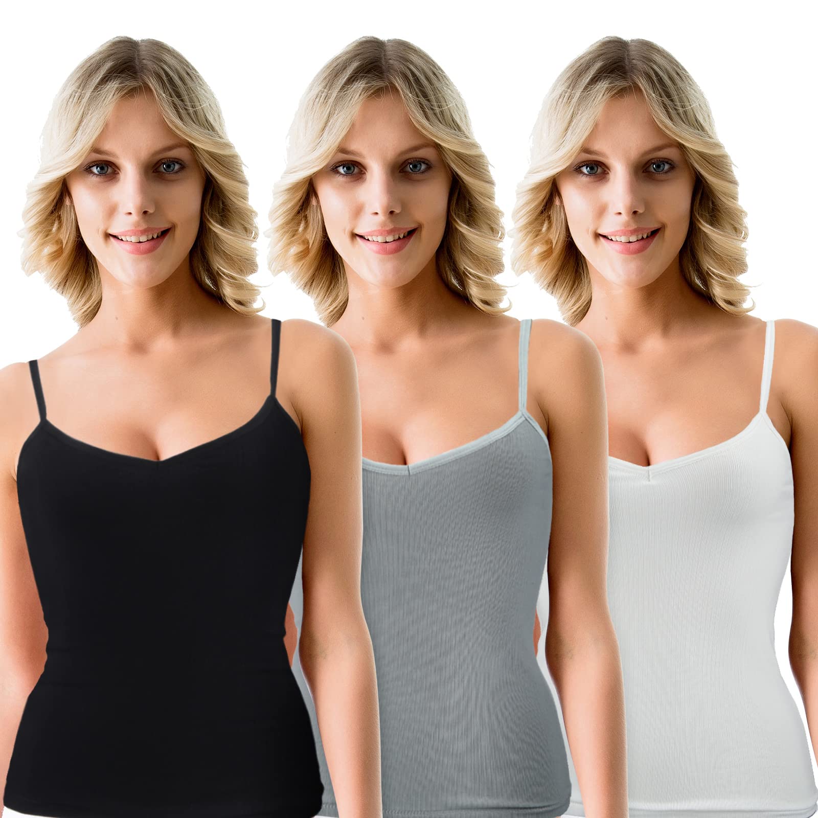 3 Pieces Thermal Tank Top for Women Camisole Polyester Fiber Lined Camisole Underwear Tank Top Vest (Black, White, Gray, S)