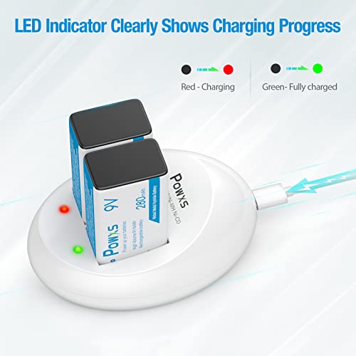 POWXS Rechargeable 9v Batteries with Charger, 2 Count High Performance NIMH 9 Volt Rechargeable Battery for Smoke Alarms Guitar Cameras Toys and More