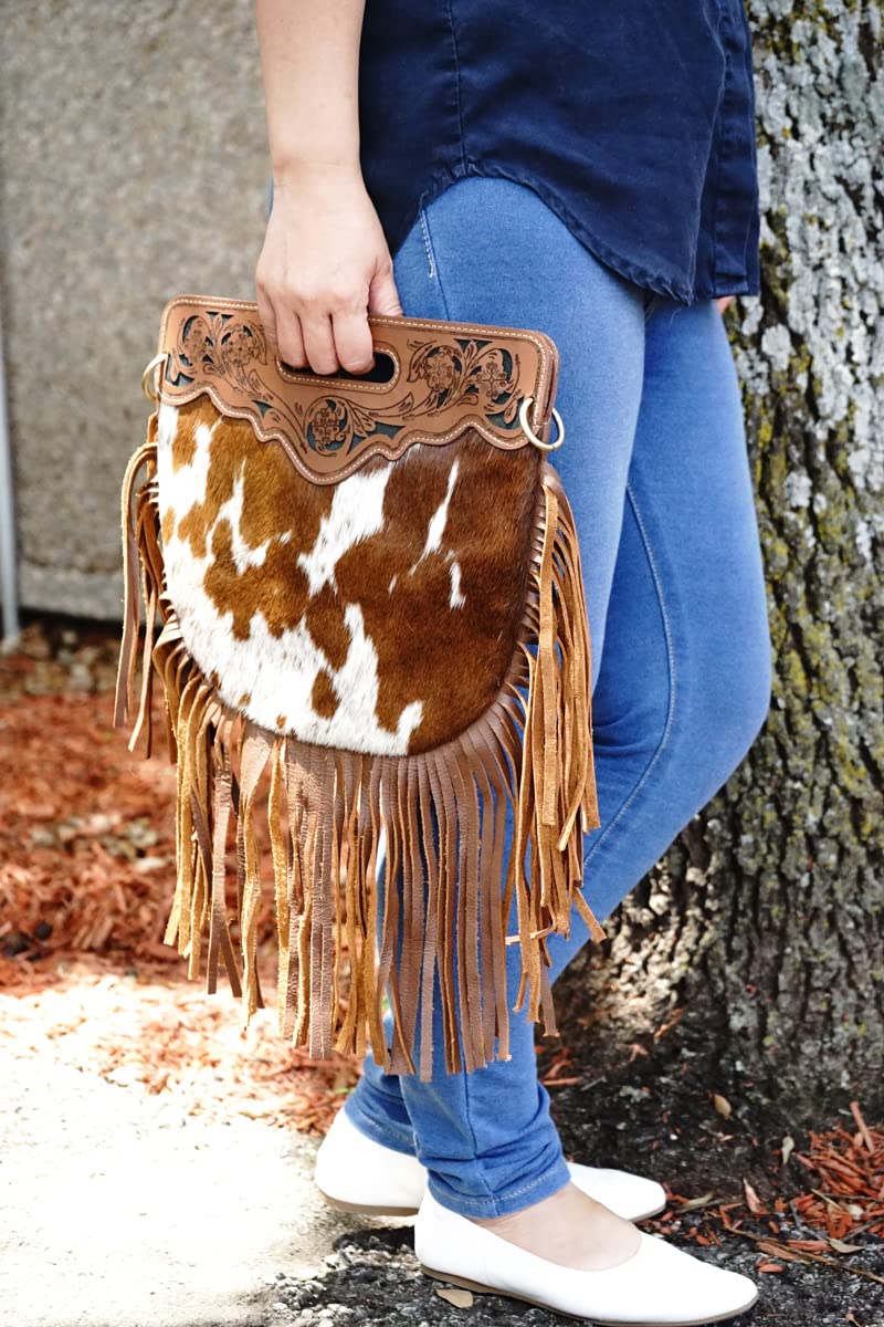 bonanza leathers women's cowhide handbag crossbody shoulder leather bag with fringes button closure H8 (Brown)
