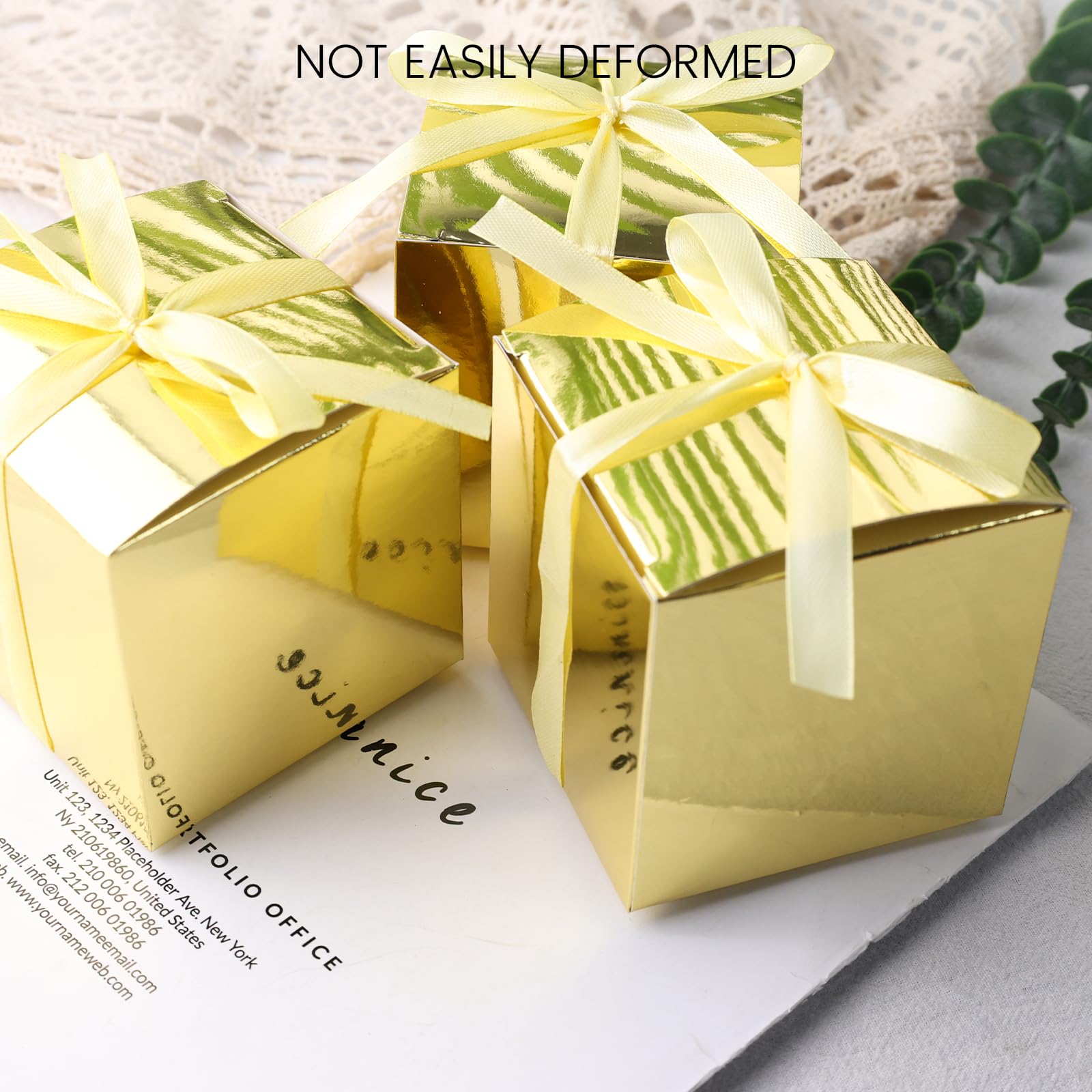 Shindel 50PCS Tiny Gift Boxes, Favor Boxes Mini Candy Treat Boxes 3 x 3 x 3 Inch Gold Boxes with Ribbon for Bridal Shower Birthday Wedding