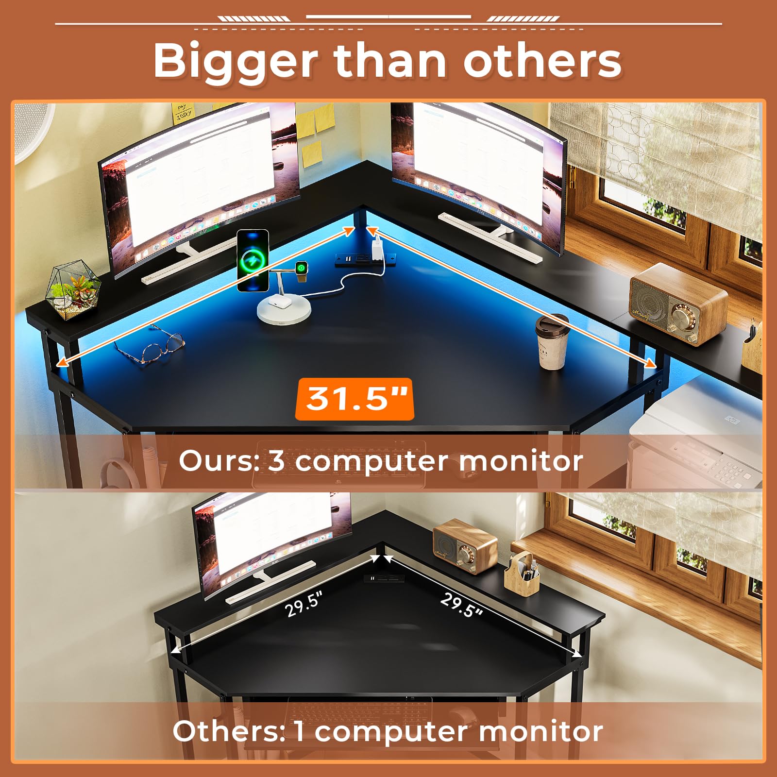 SEDETA Corner Desk, Small Computer Desk with Power Outlets, Gaming Desk with LED Lights, Home Office Desk with Storage for Small Space, Rustic Brown