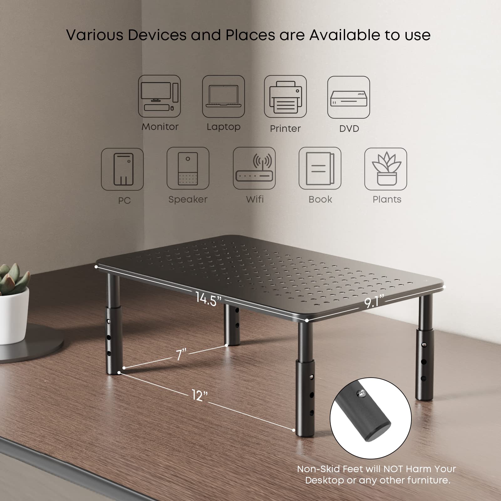 PUTORSEN Monitor Stand Riser with Vented Metal 3 Height Adjustable Monitor Stand for Computer, Laptop, iMac, PC, Printer, Desktop Ergonomic Monitor Riser Stand with Non-Skid Rubber, 1 Pack