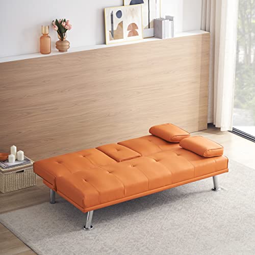 Foldable Futon Sofa Loveseat Convertible Sleeper Couch Bed for Small Space Apartment Office Living Room Furniture Sets with 2 Cup Holders, Tufted Back & Seat Orange PU Leather 67" W